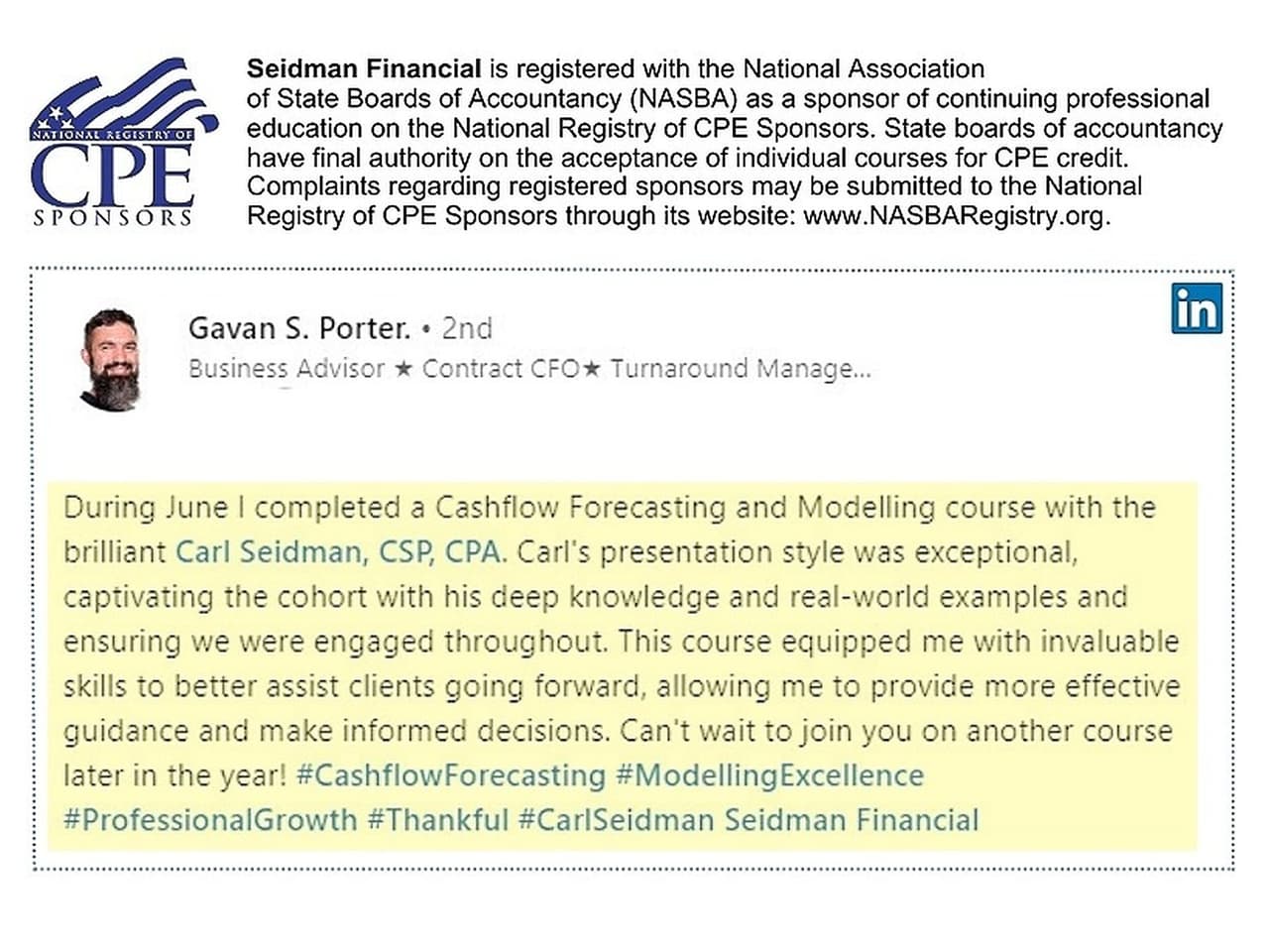 Cash Flow Forecasting and Modeling - Level 1 by Carl Seidman CPA ...